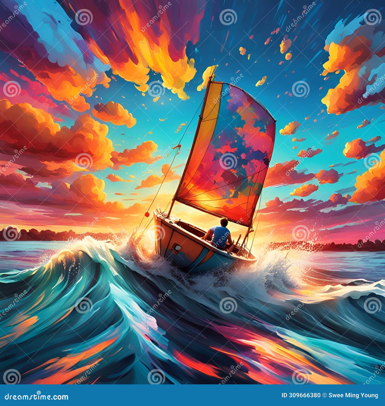 Back View Action Images of a Small Boat on a River Sailing into the ...