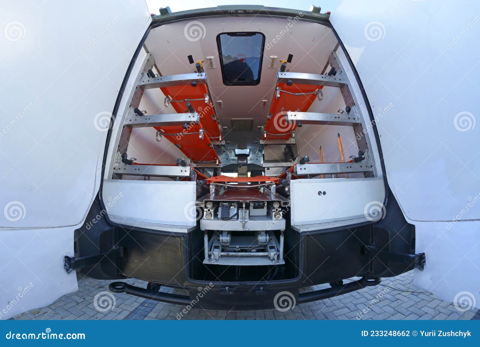 Back View of an Ambulance Evacuation Bus, Doors Wide Opened, Stretchers ...