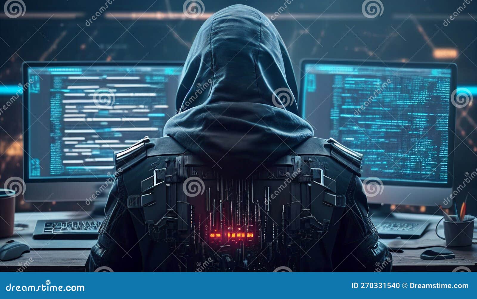Back View Of Anonymous Robot Hacker In Front Of Computer Monitor Concept Of Hacking