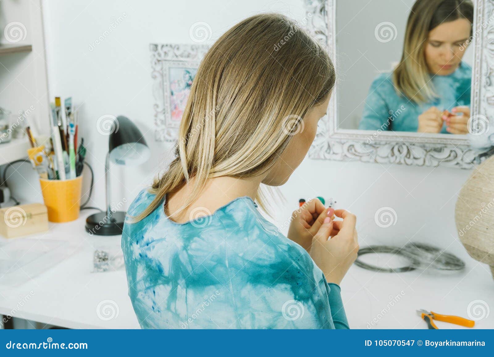 Back View Artist with Beads at the Workplace Stock Image - Image of ...