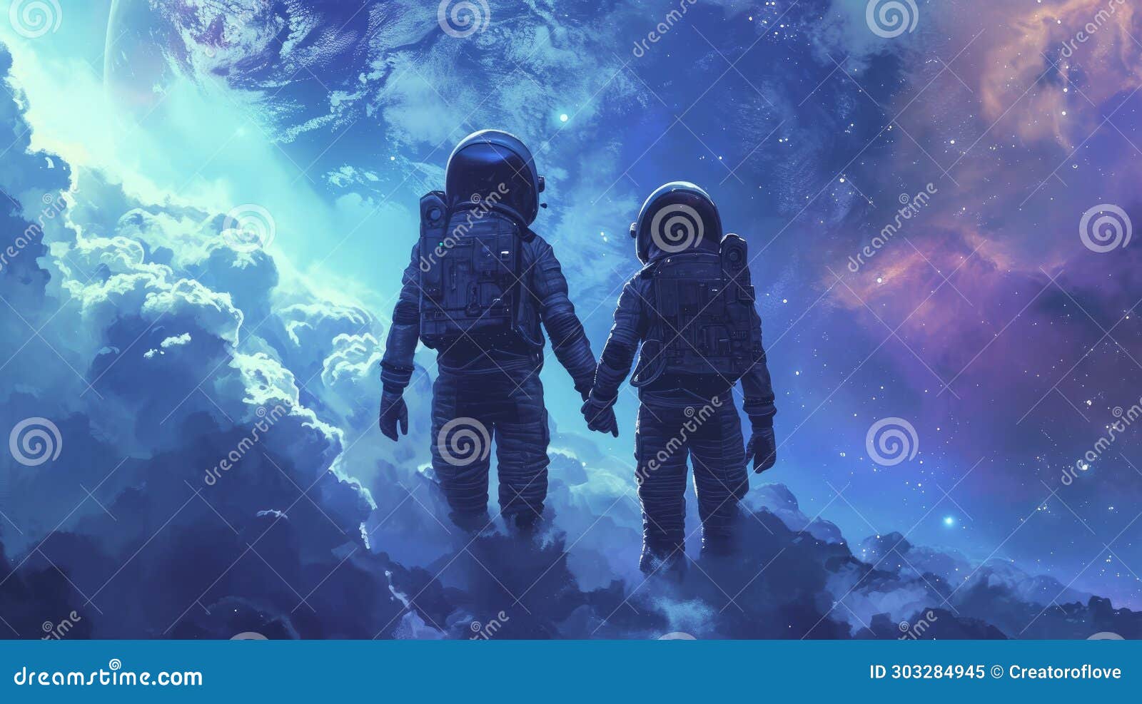 Back View of Astronaut Couple Holding Each Others Hands on Space Stock ...