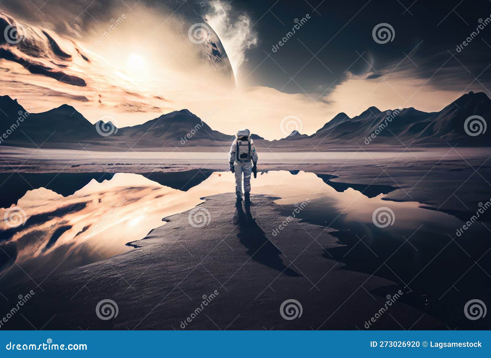 Back View of Astronaut with Moon in the Outer Space Background. People ...