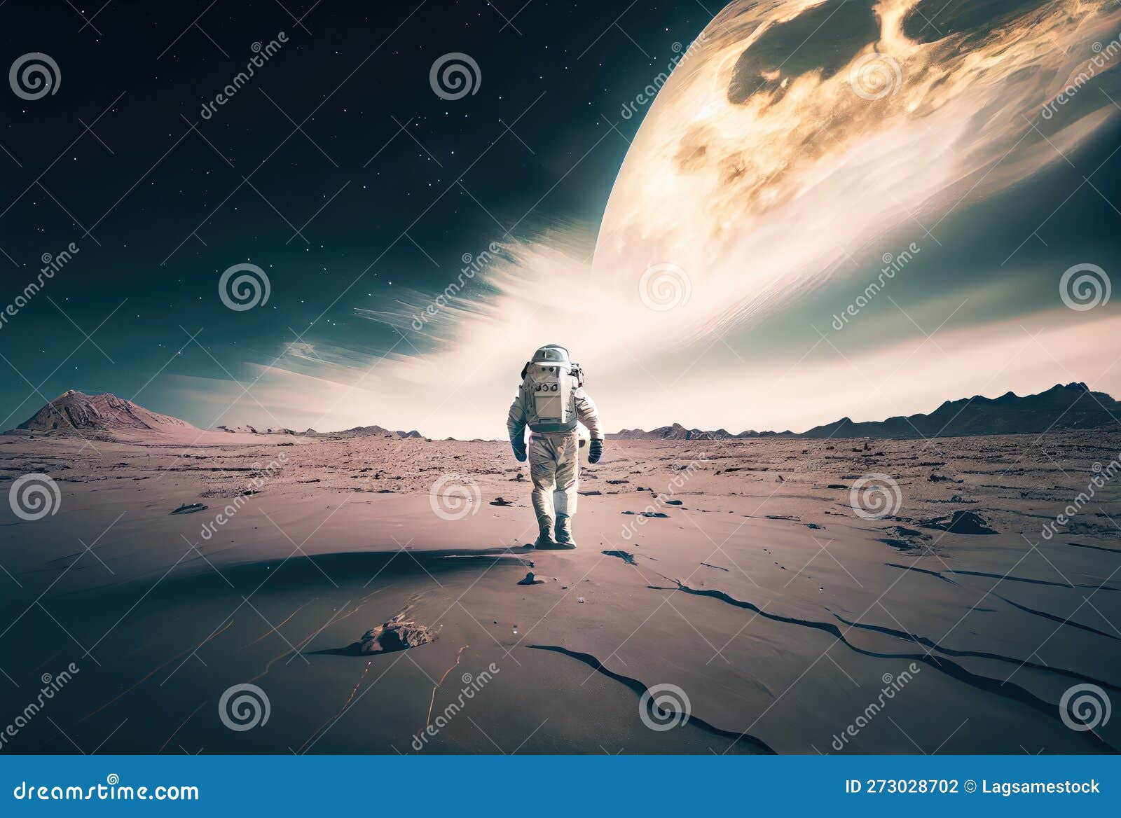 Back View of Astronaut with Moon in the Outer Space Background. People ...