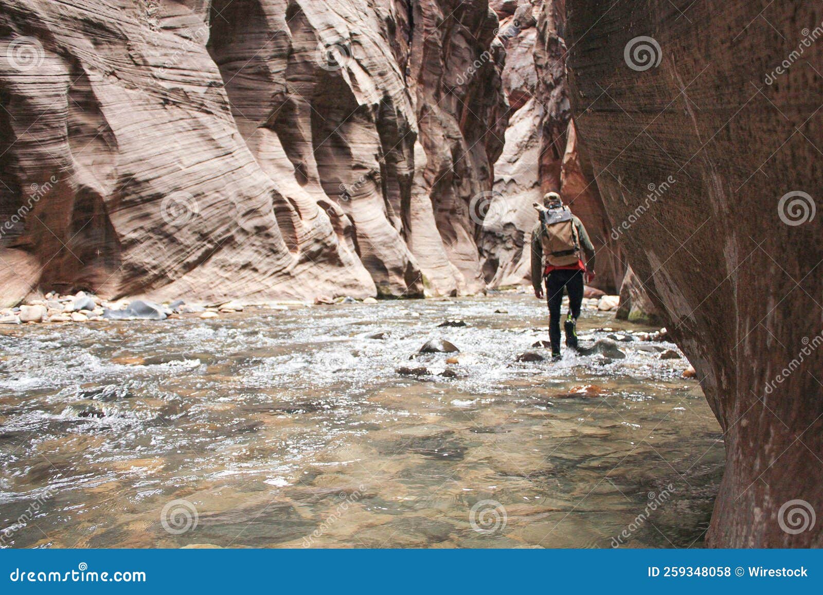 Back View of a Backpacker Hiking through a Creek in a Canyon Stock ...