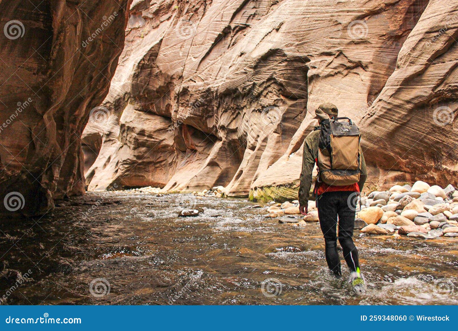 Back View of a Backpacker Hiking through a Creek in a Canyon Stock ...