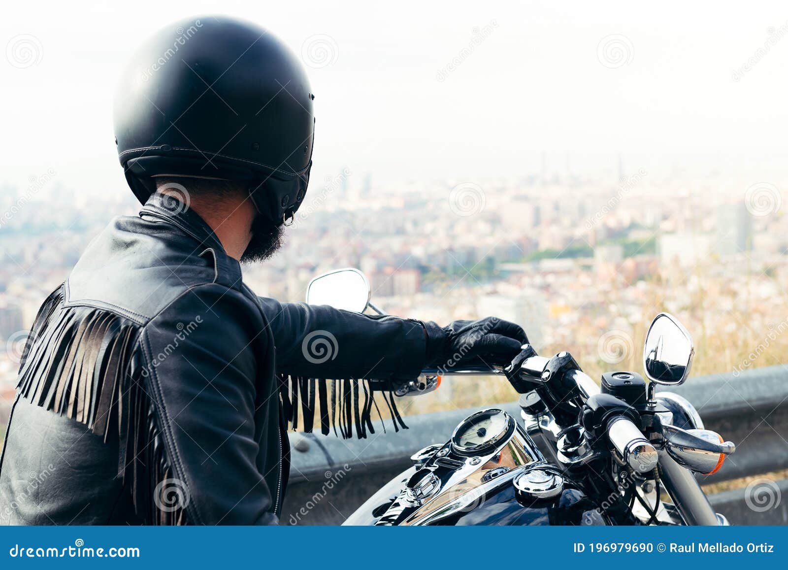 Back View of Biker with Helmet and Leather Jacket Stock Photo - Image ...