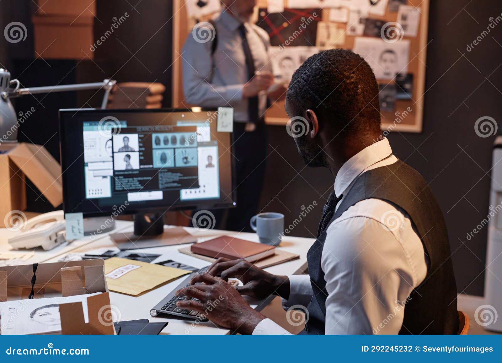 Back View of Black Detective Using Computer at Workplace Stock Photo ...