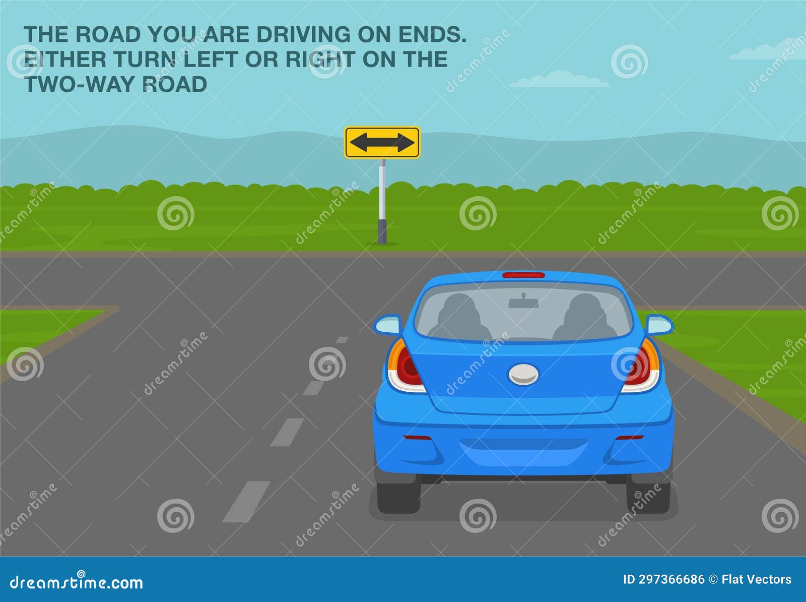 Back View of a Blue Car at T-intersection with Two Direction Arrow Sign ...