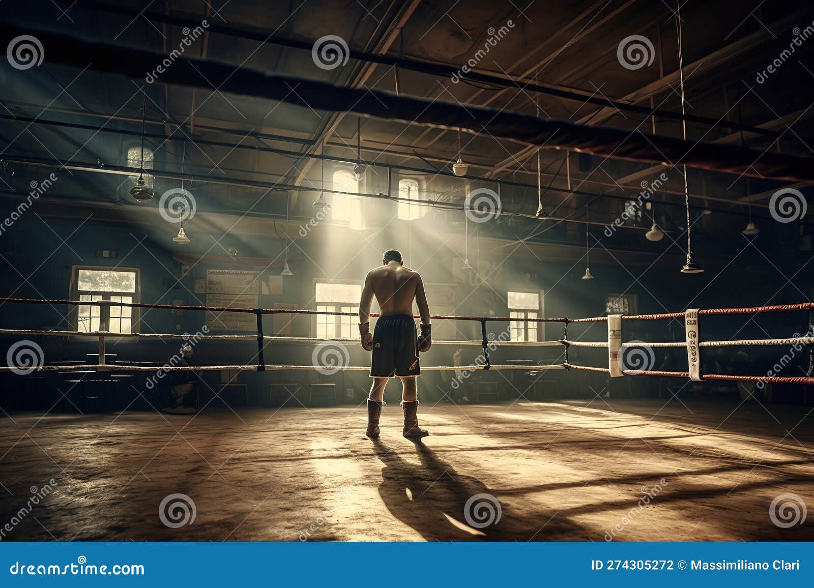 Back View of Boxer Training on the Ring in a Old Gym. Generative AI ...