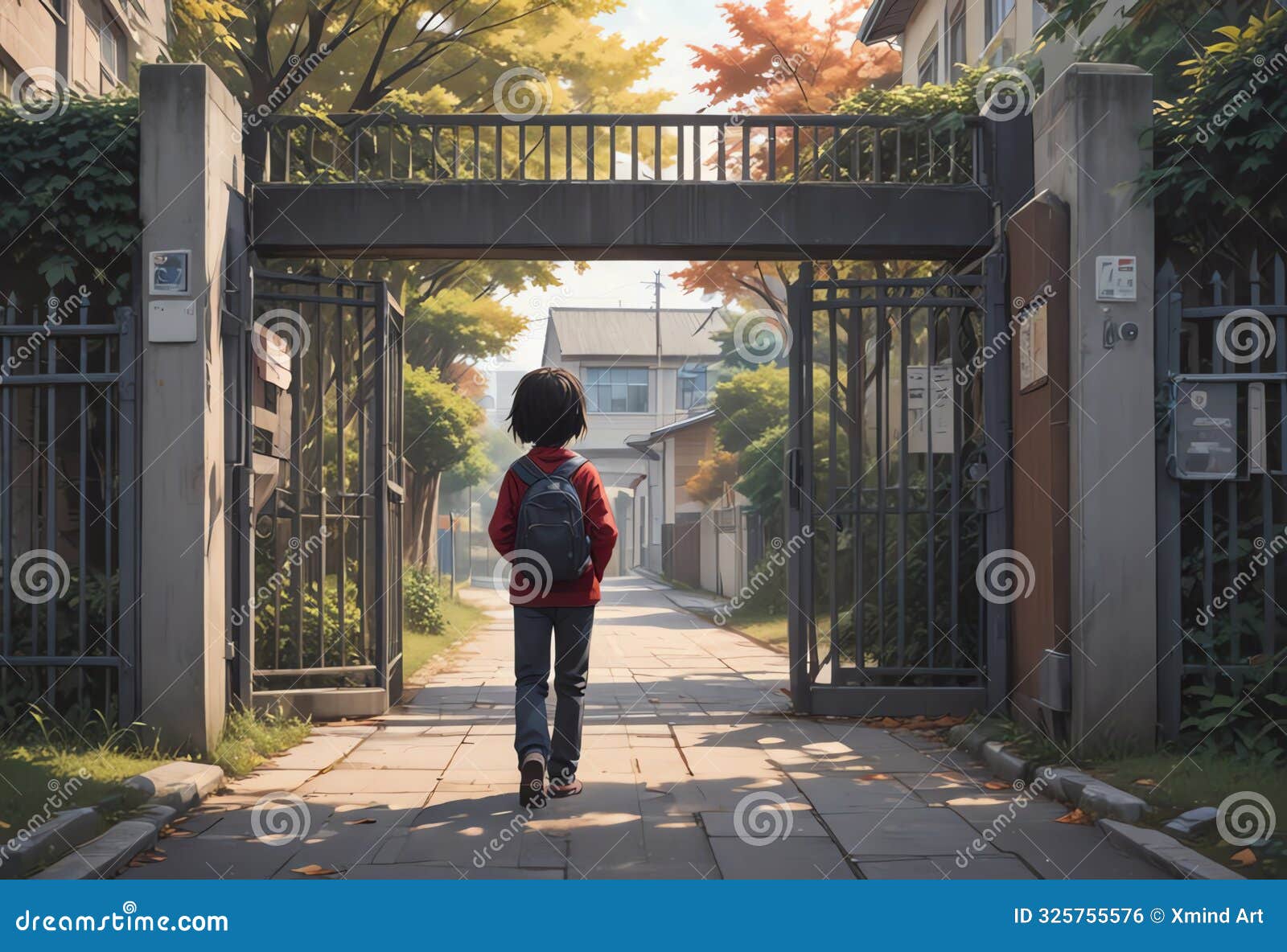 Back View Boy Student Walking To School Gate Stock Illustration ...