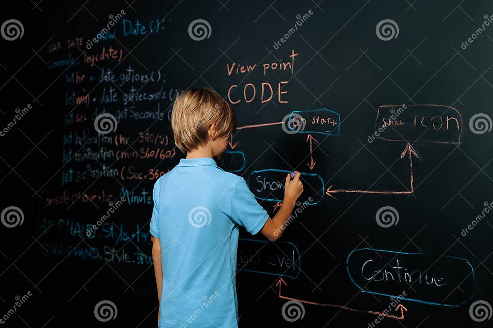 Back View of Boy Write Code on Blackboard while Stand and Thinking ...