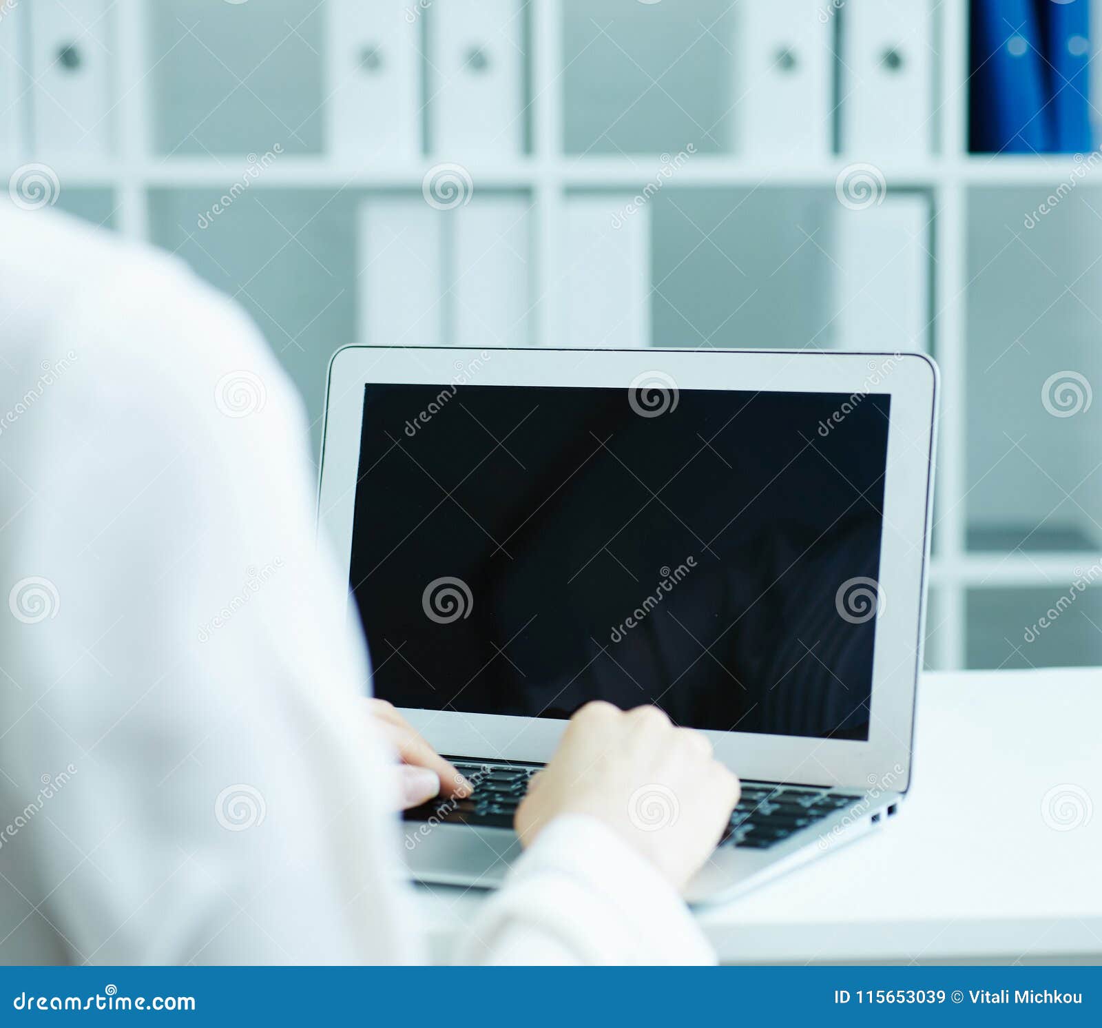 Back View of Business Woman Sitting in Front of Laptop Screen. Woman ... Back View of Business Woman Sitting in Front of Laptop Screen. Woman ...