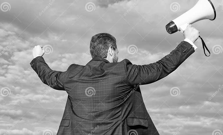 Back View of Businessman Hold Megaphone on Sky Background Stock Image ...