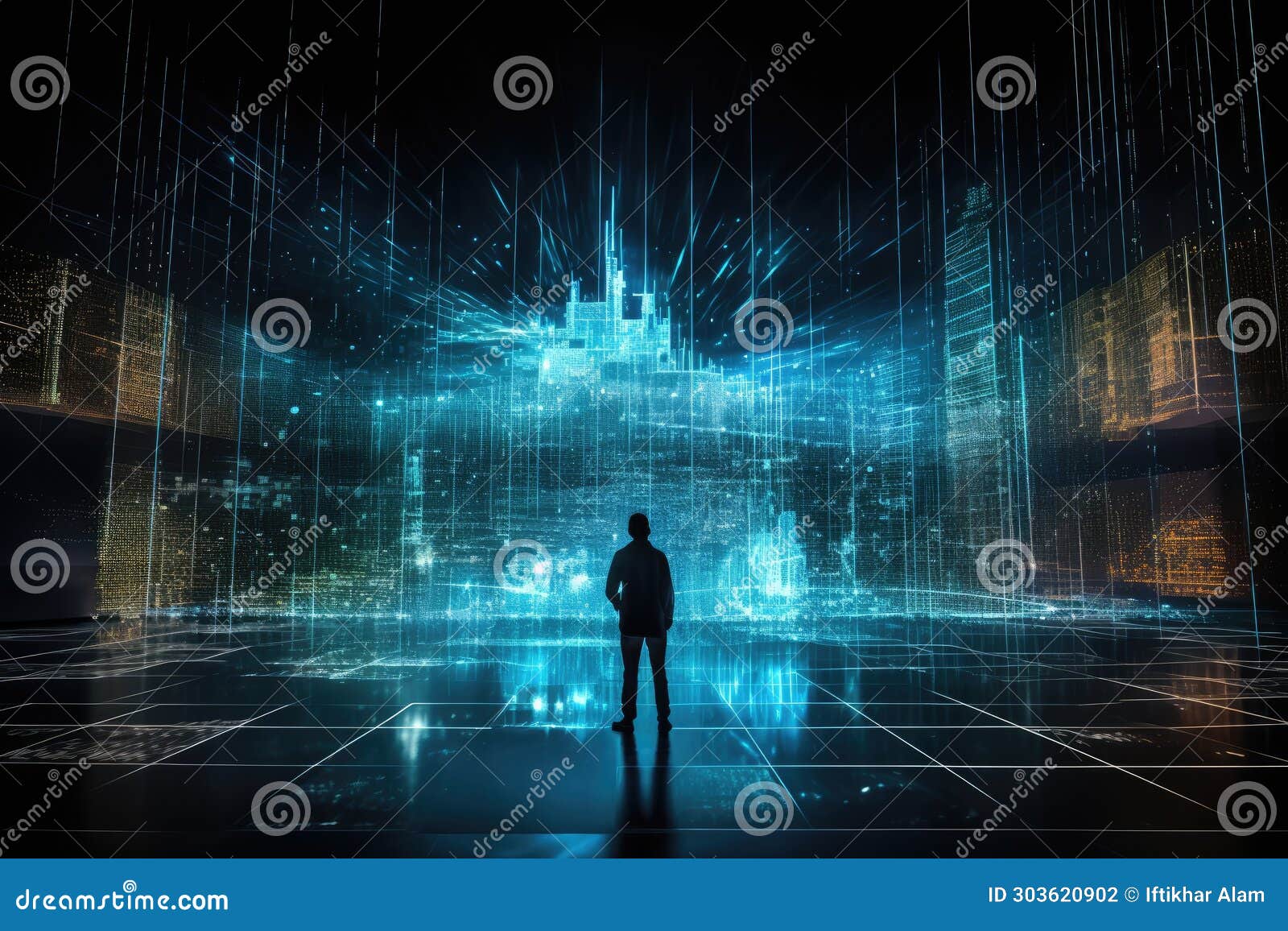 Back View of Businessman Looking at Abstract Technology Background. 3D ...
