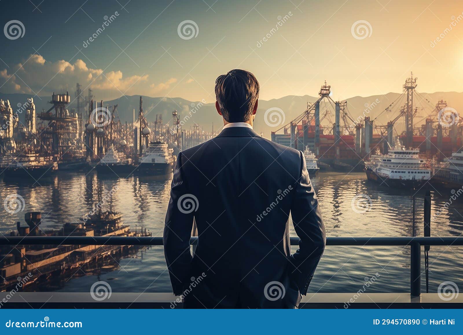 Back View of Businessman Looking at Ships in Harbor Generative AI Stock ...