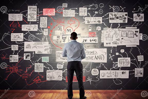 Back View of Businessman Looking at Wall with Business Strategy ... Back View of Businessman Looking at Wall with Business Strategy ...