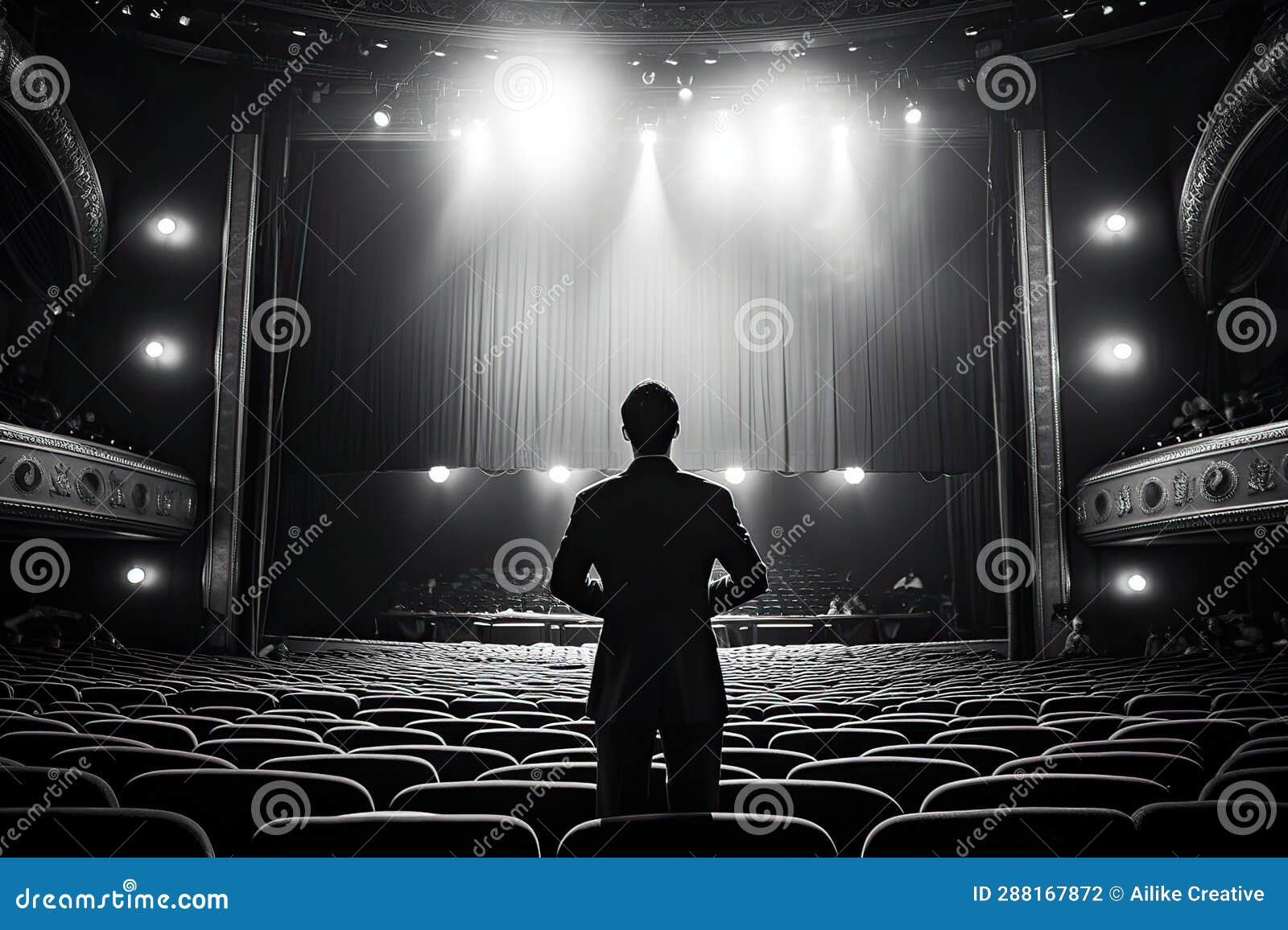 Back View of Businessman Standing in Front of Stage and Looking at ...
