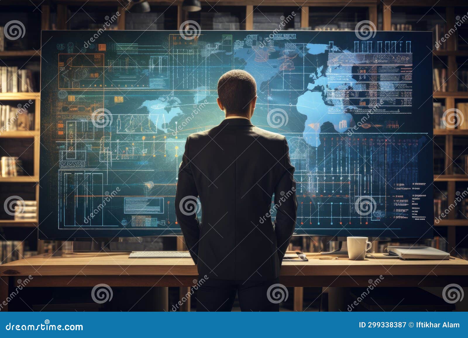 Back View of Businessman Standing in Office and Looking at Virtual ...
