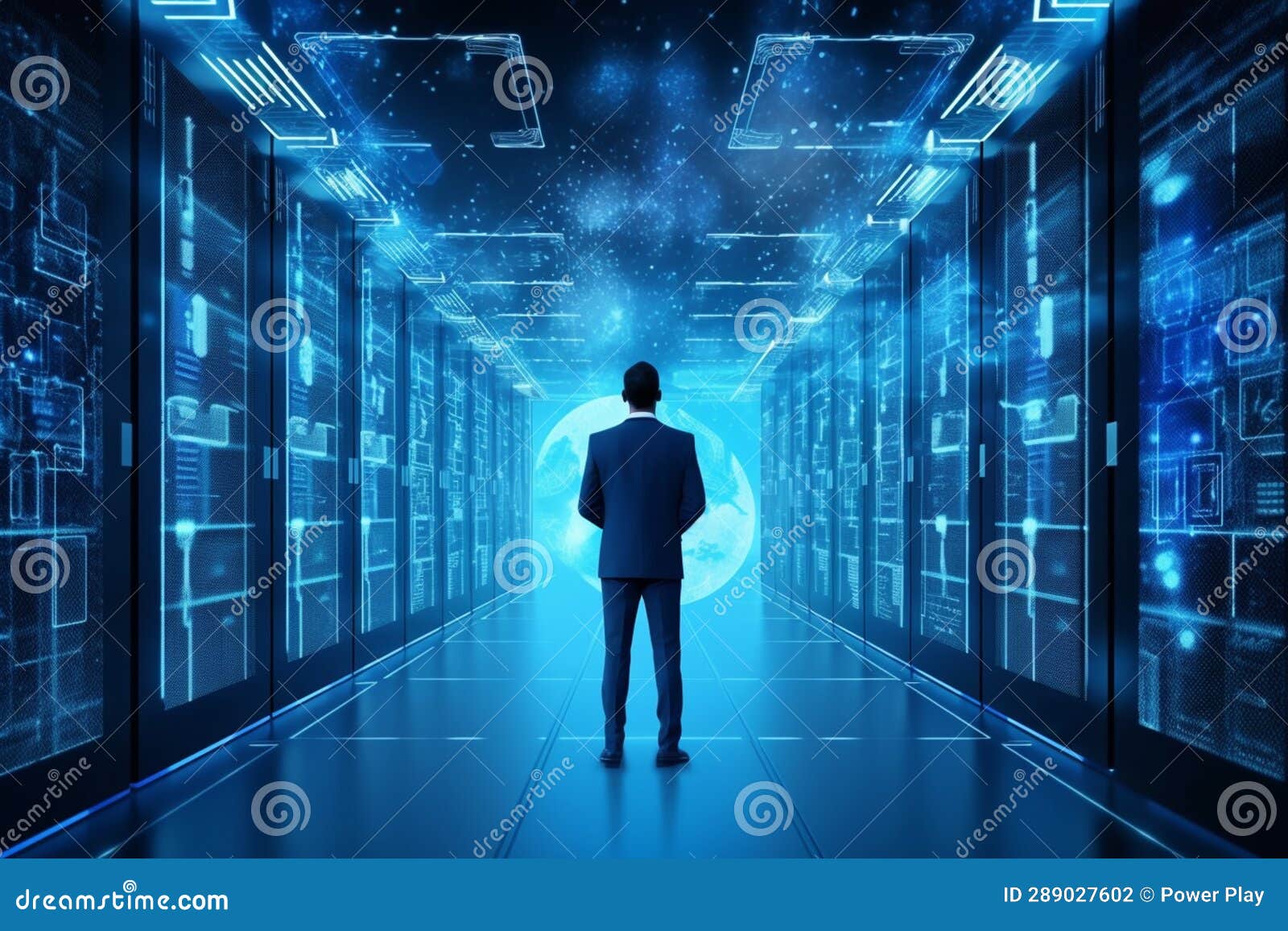 Back View of Businessman Standing in Server Room with Binary Code ...