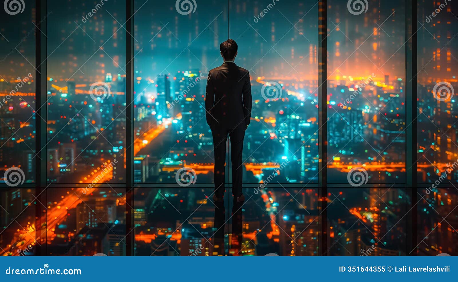 Back View of Businessman Suit Standing at Office Looking at Night City ...