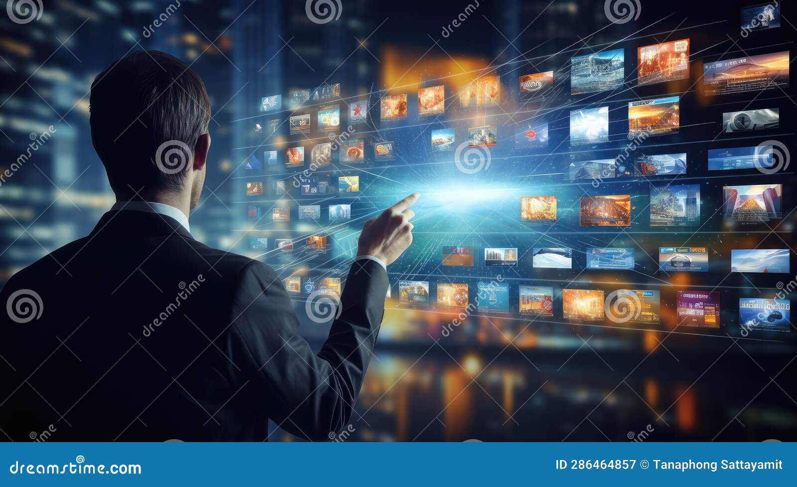 Back View of Businessman Touching Icon of Media Screen on Media Screen ...