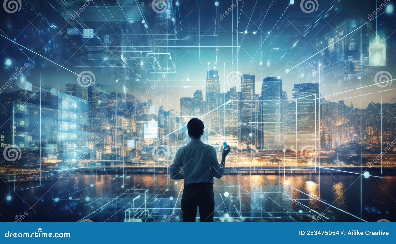 Back View of Businessman Working with Virtual Panel and Cityscape at ...