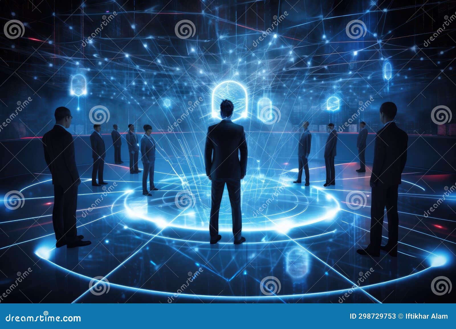 Back View of Businesspeople Standing in Front of Digital Interface with ...