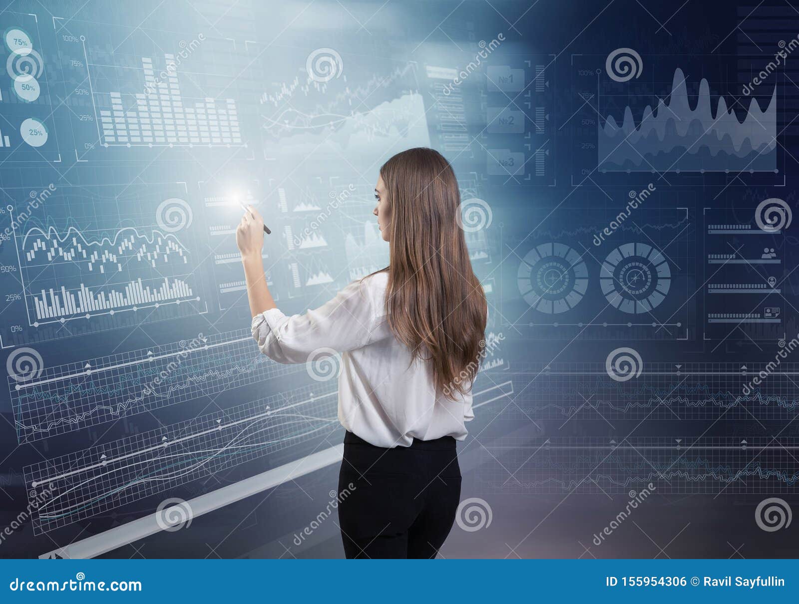 Back View of Businesswoman Working with Virtual Panel Stock Photo ...