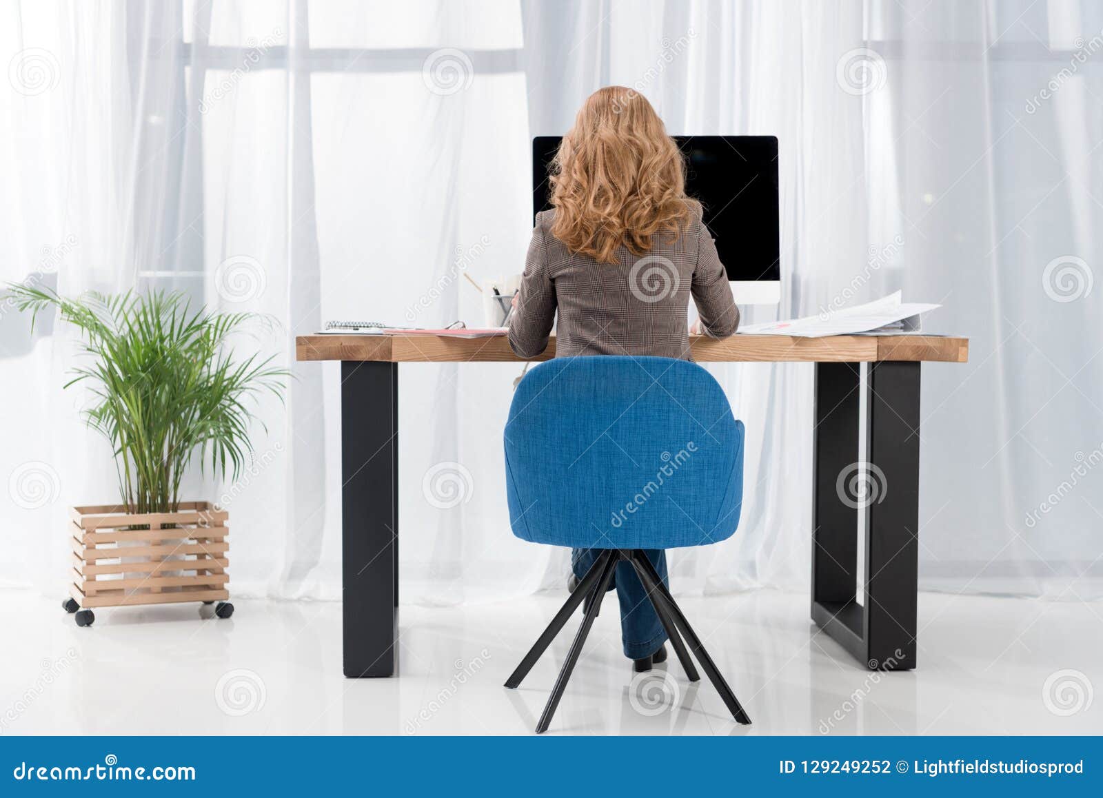 Back View of Businesswoman Working at Workplace with Computer Screen ...