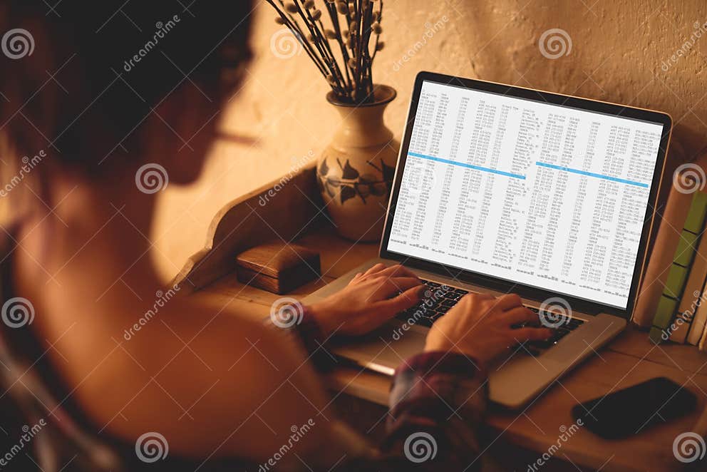 Back View of Caucasian Female Programmer Siting at Desk, Using Laptop with Coding on Screen ...