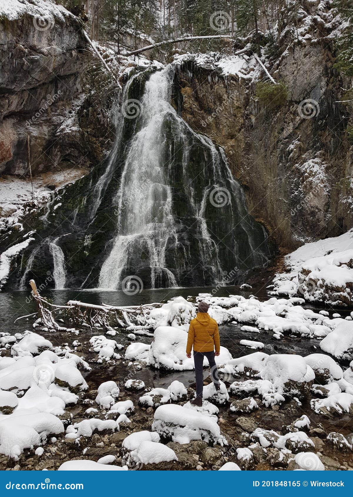Back View of Caucasian Woman in Front of Golling Waterfall in Austria ...
