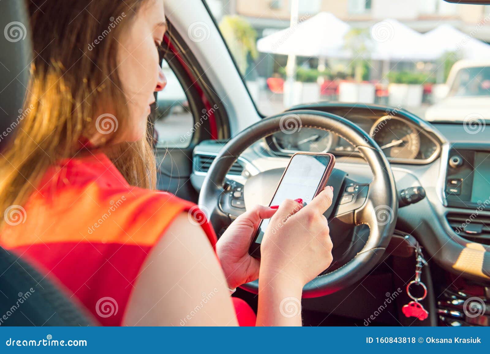 Back View Caucasian Young Woman Driver Using Touch Screen Smartphone ...