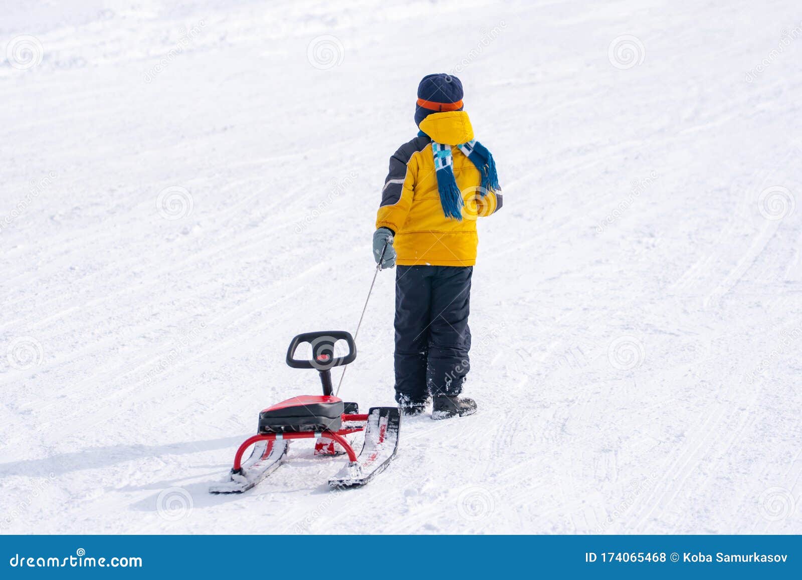 Back View Of Child In Pulling Sledge And Running Up Snowy Slope Stock ...