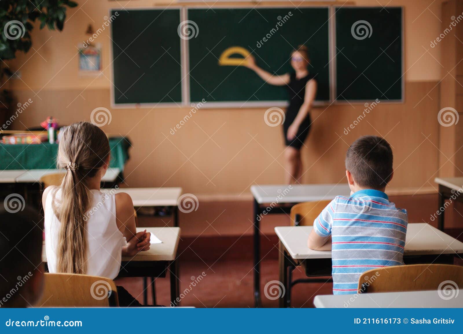 Back View of Children Sitting in the Class Room and Study. Elementary ...