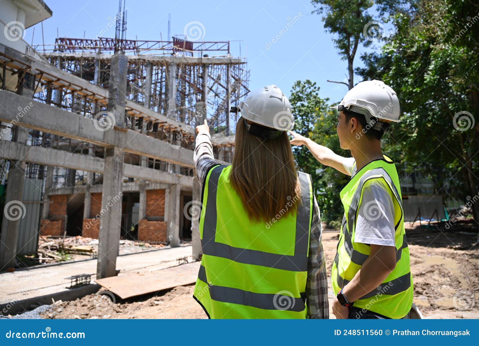 Back View Civil Engineer Discussing, Planning Development Details ...