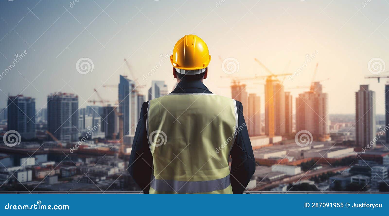 Back View of Civil Engineer with Metropolis Construction Background ...