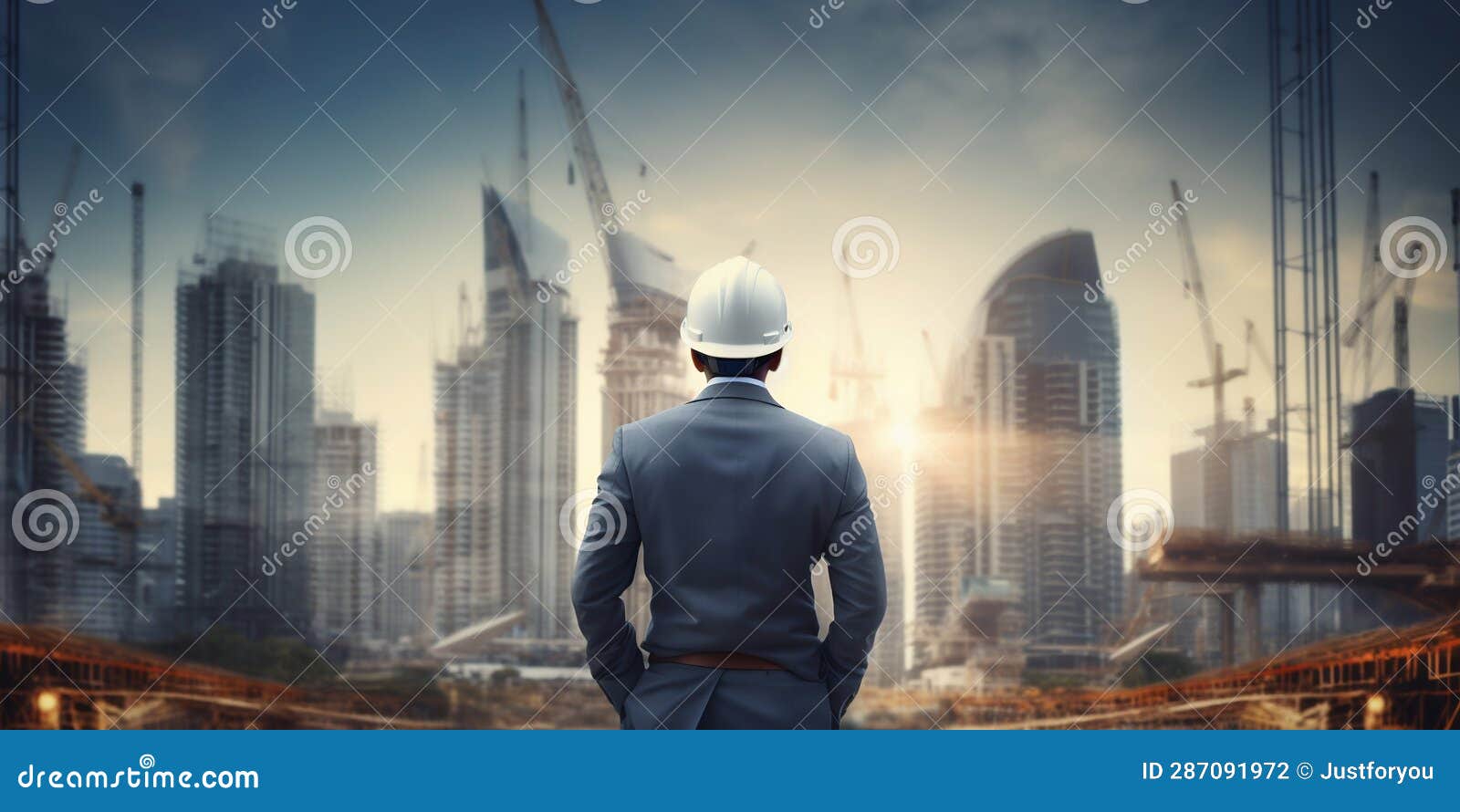 Back View of Civil Engineer with Metropolis Construction Background ...