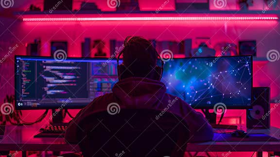Programmer Immersed in Coding at Night in a Neon-lit Workspace ...