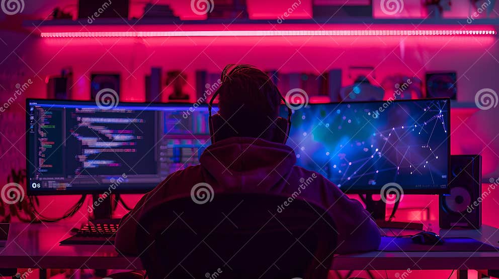 Programmer Immersed in Coding at Night in a Neon-lit Workspace. Technology Meets Creativity. a ...
