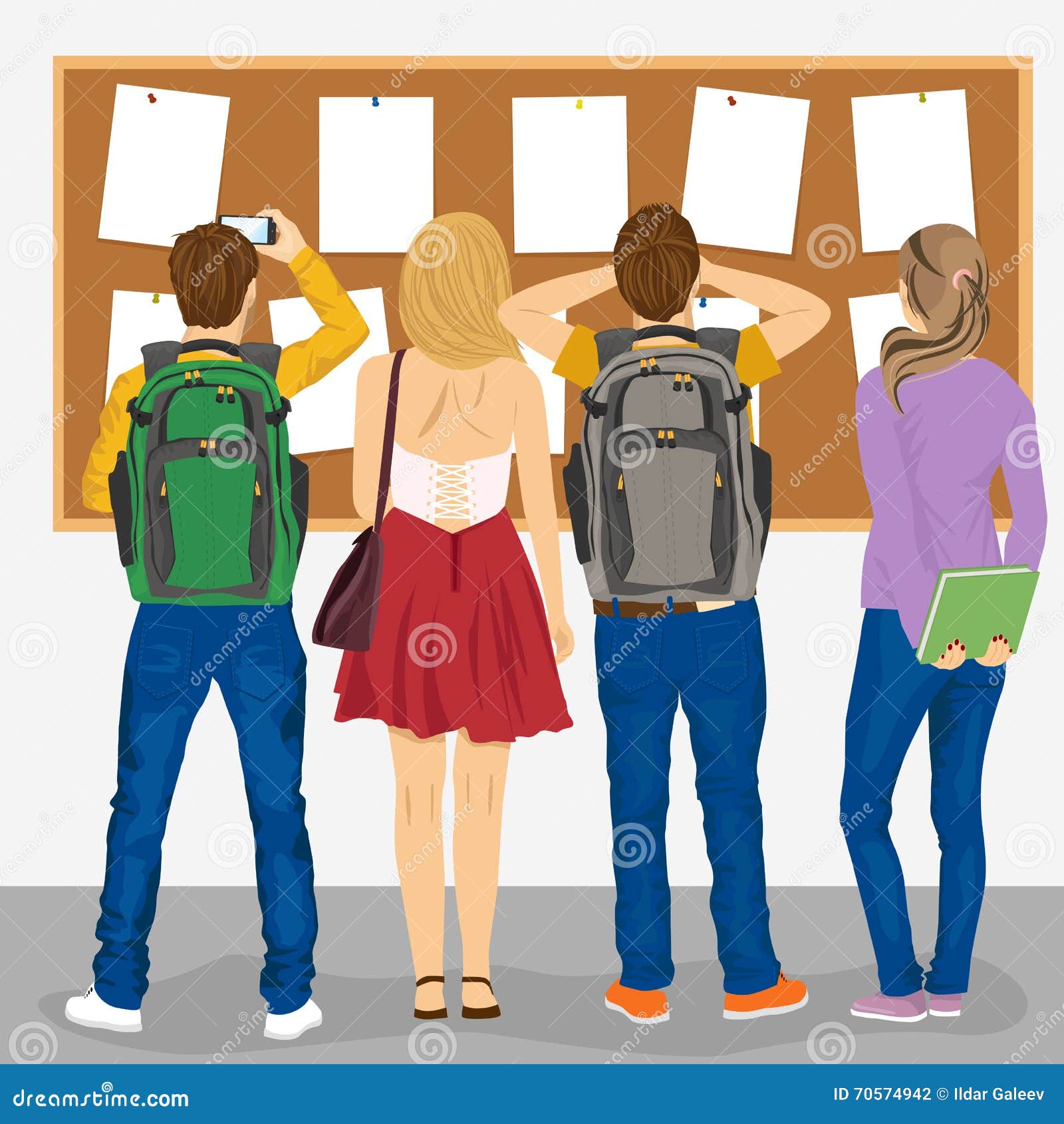 Back View of College Students Looking at Bulletin Board Stock Vector ...