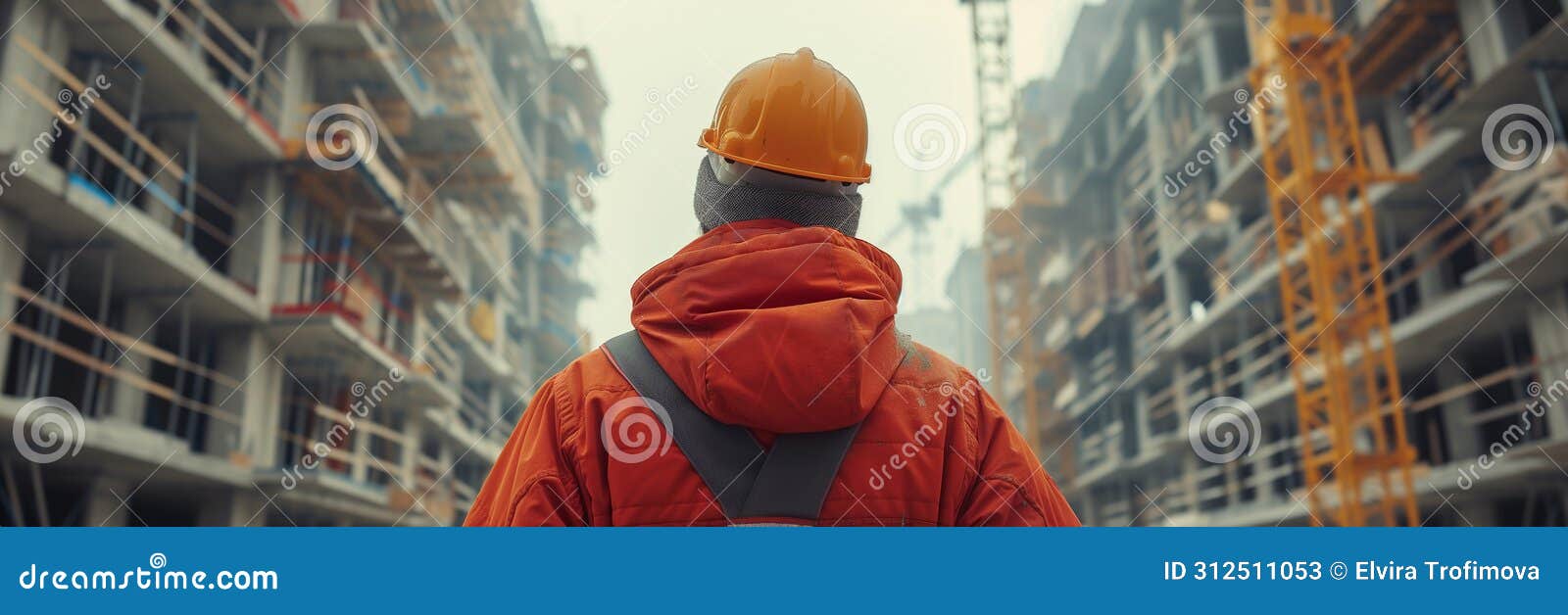 Back View of a Construction Worker in Orange Gear at a Building Site ...