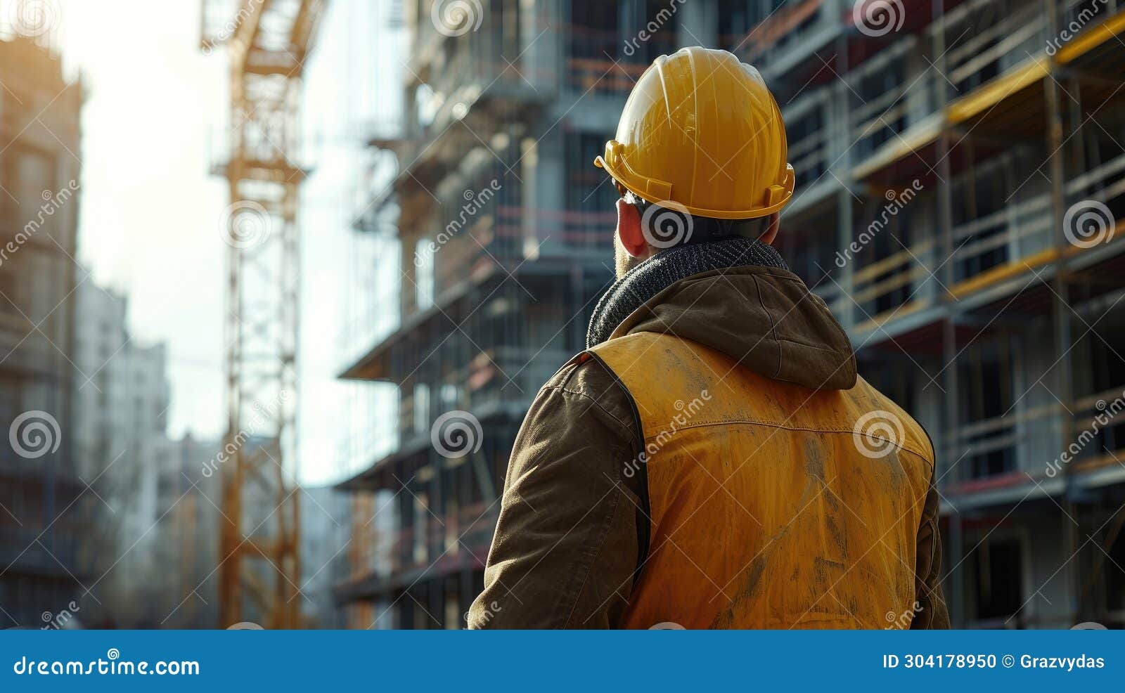 Back View at Construction Worker Wearing Hardhat while Standing at High ...