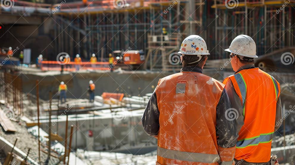 Back View of Construction Workers Discussing Project on an Active Site ...
