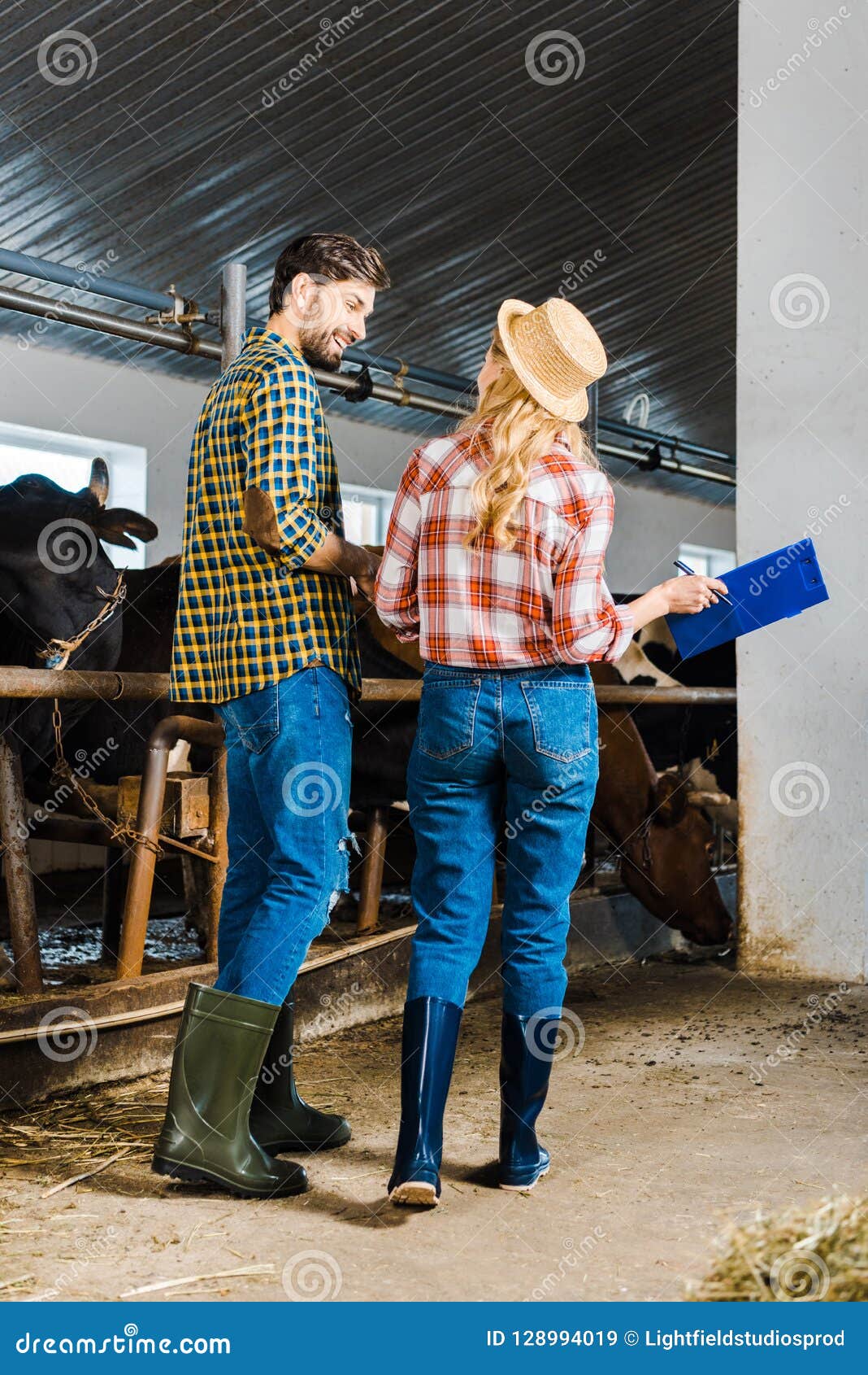 Back View of Couple of Farmers Standing in Stable Stock Image - Image ...