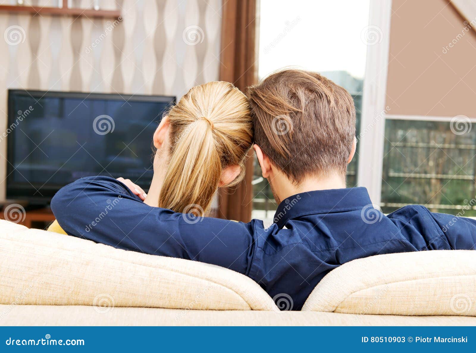 Back View of a Couple Watching Tv at Home Stock Image - Image of ...