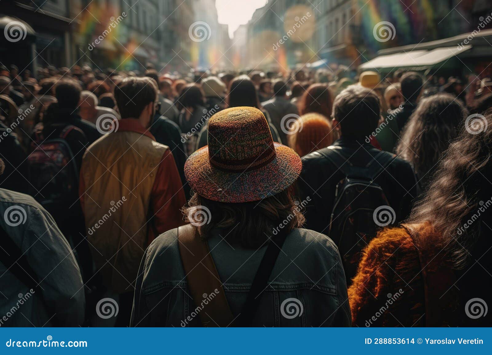 Back View of a Crowd of People in Psychedelic Boho Style at the Street ...