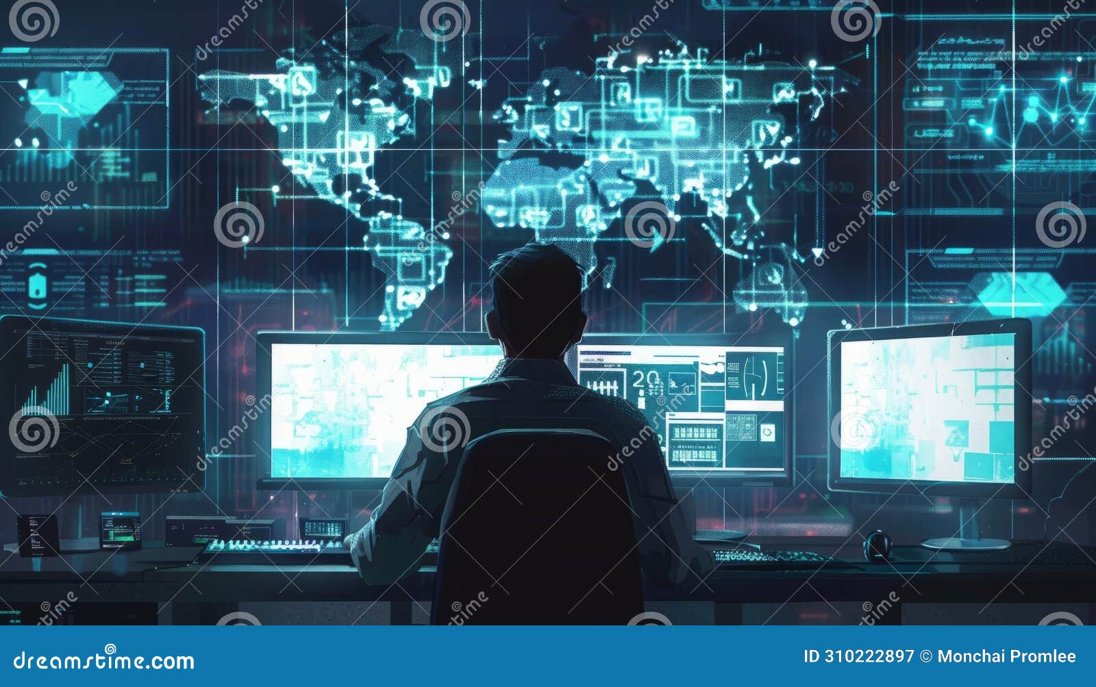 Back View of a Data Analyst in a Control Room, Intently Observing ...