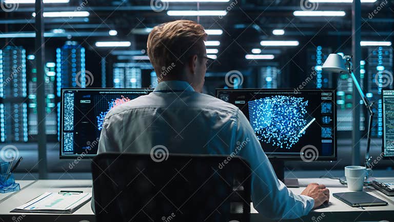 Back View of the Data Analysts Work on Visualisation with Machine ...