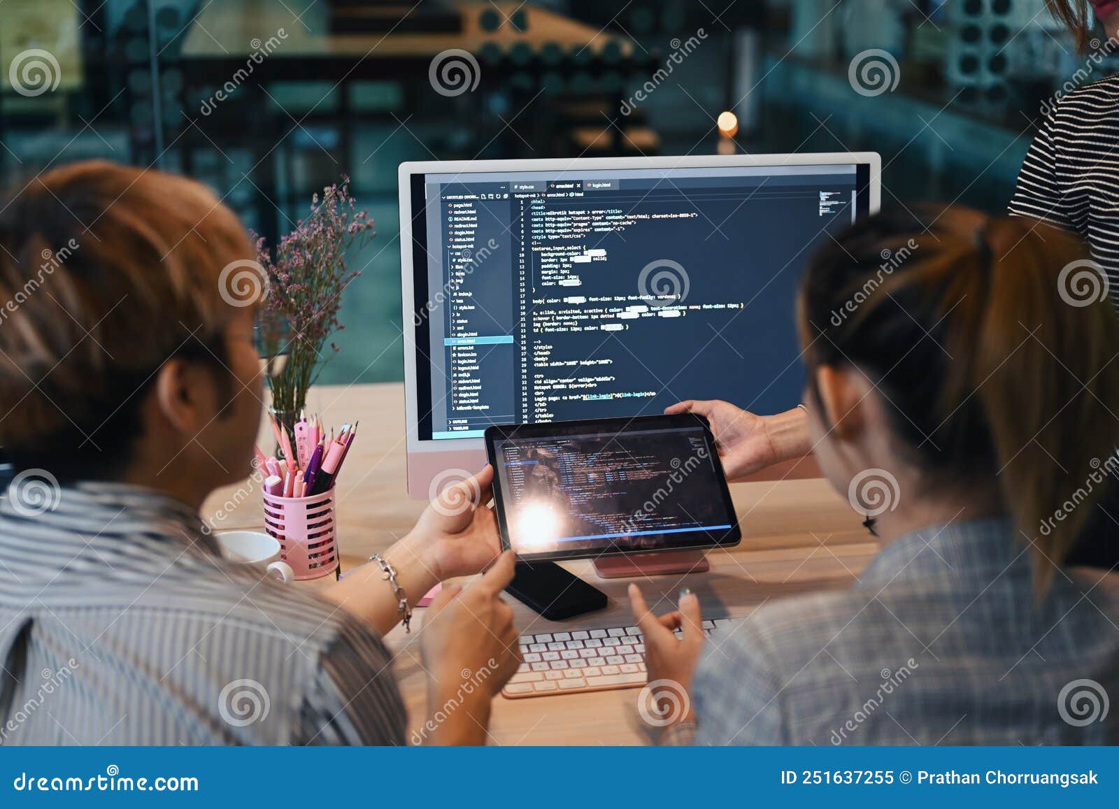 Back View of it Developer Team Programming Code on Computer Screen and ...