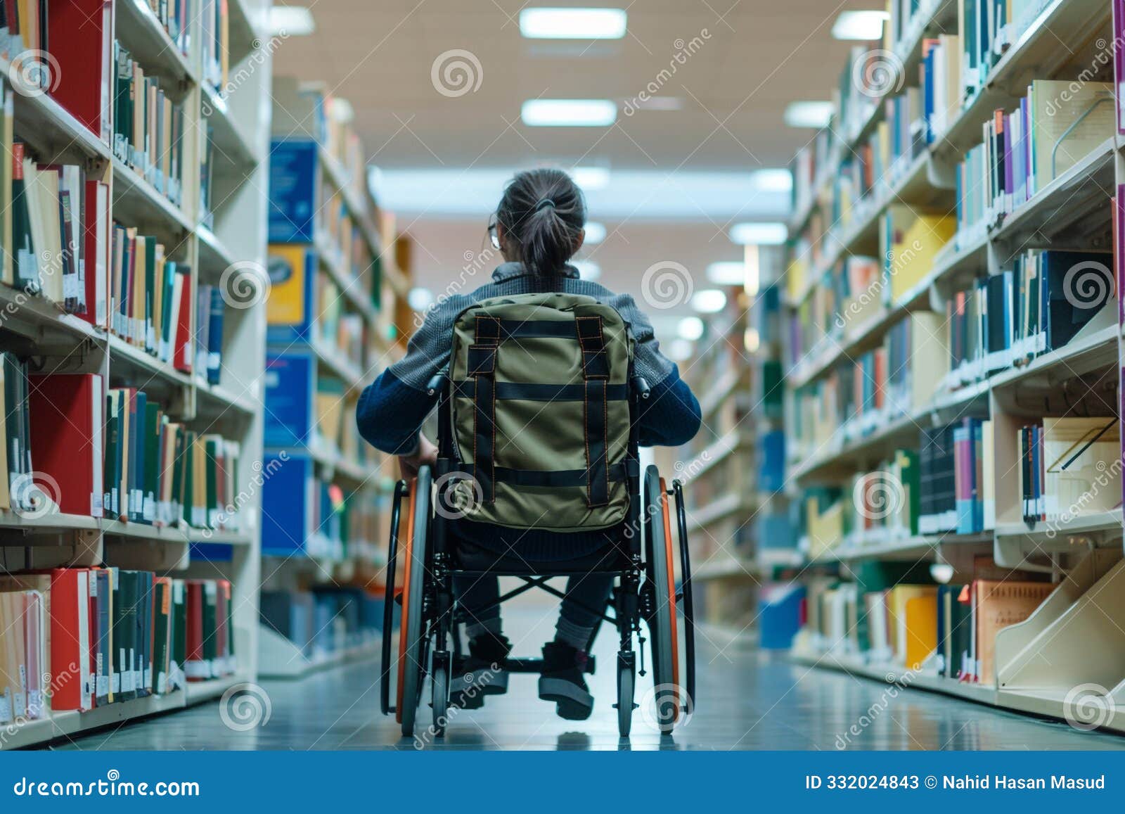Back View of Disabled Student in Wheelchair Choosing Books while ...